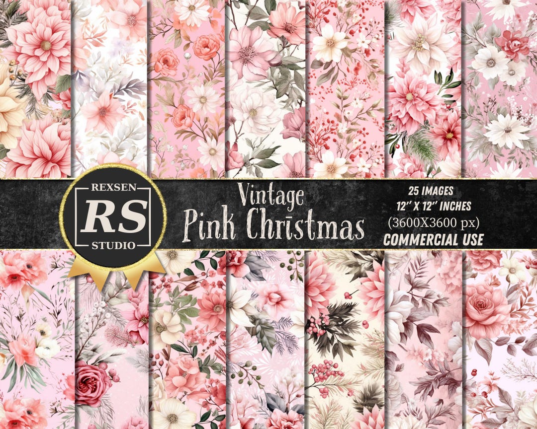 Pastel Pink Christmas Digital Paper, Winter Floral Scrapbook Paper and ...