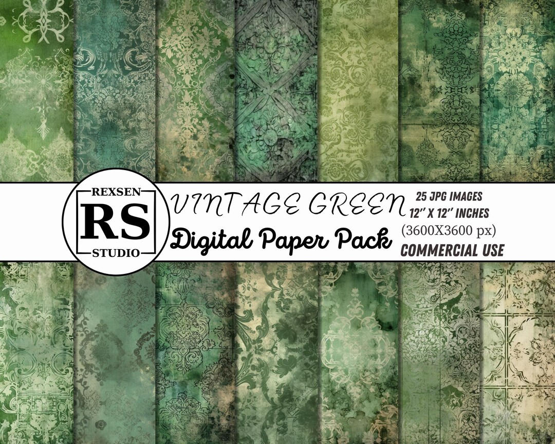 Vintage Green Digital Paper, Antique Scrapbook Paper, Green Textures ...