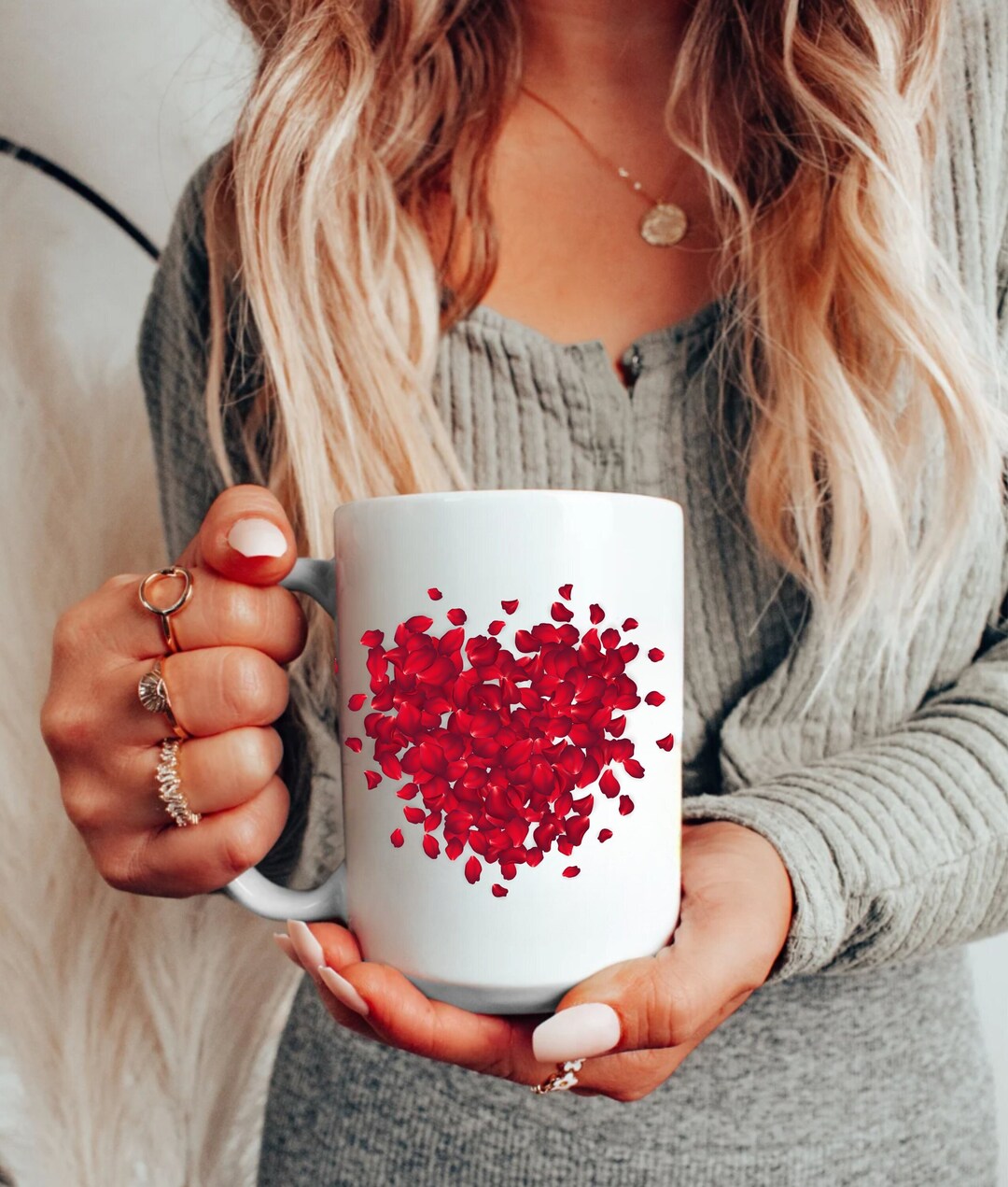 Mug With Rose Petals and Heart, Red Rose Mug, Floral Mug,botanical ...
