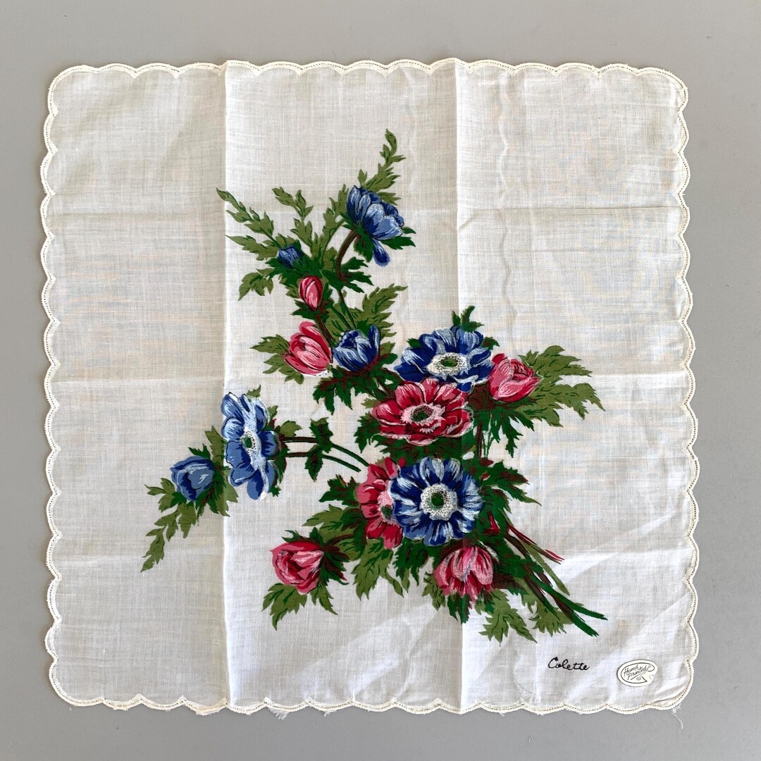 Handkerchief Vintage With Tag - Sheer White With a Bouquet of Blue and ...