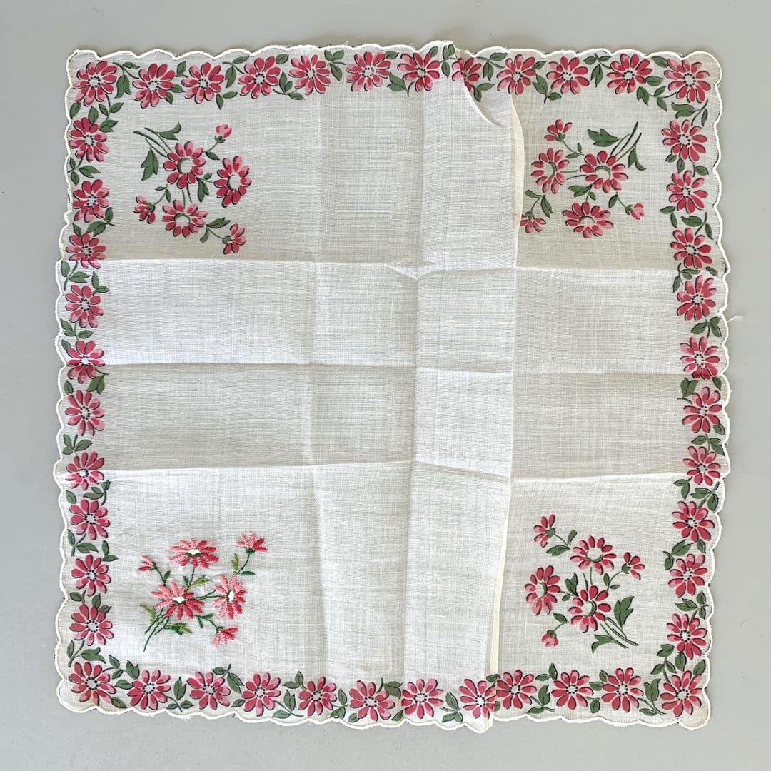Handkerchief Vintage Sheer White With Embroidered Dark Pink Flowers in ...