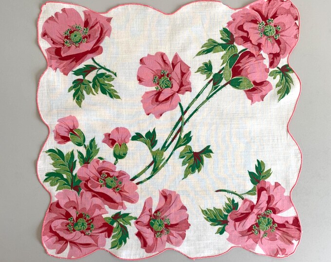 Handkerchief Vintage Sheer Pink and Red Poppies With Scalloped Edges - Etsy