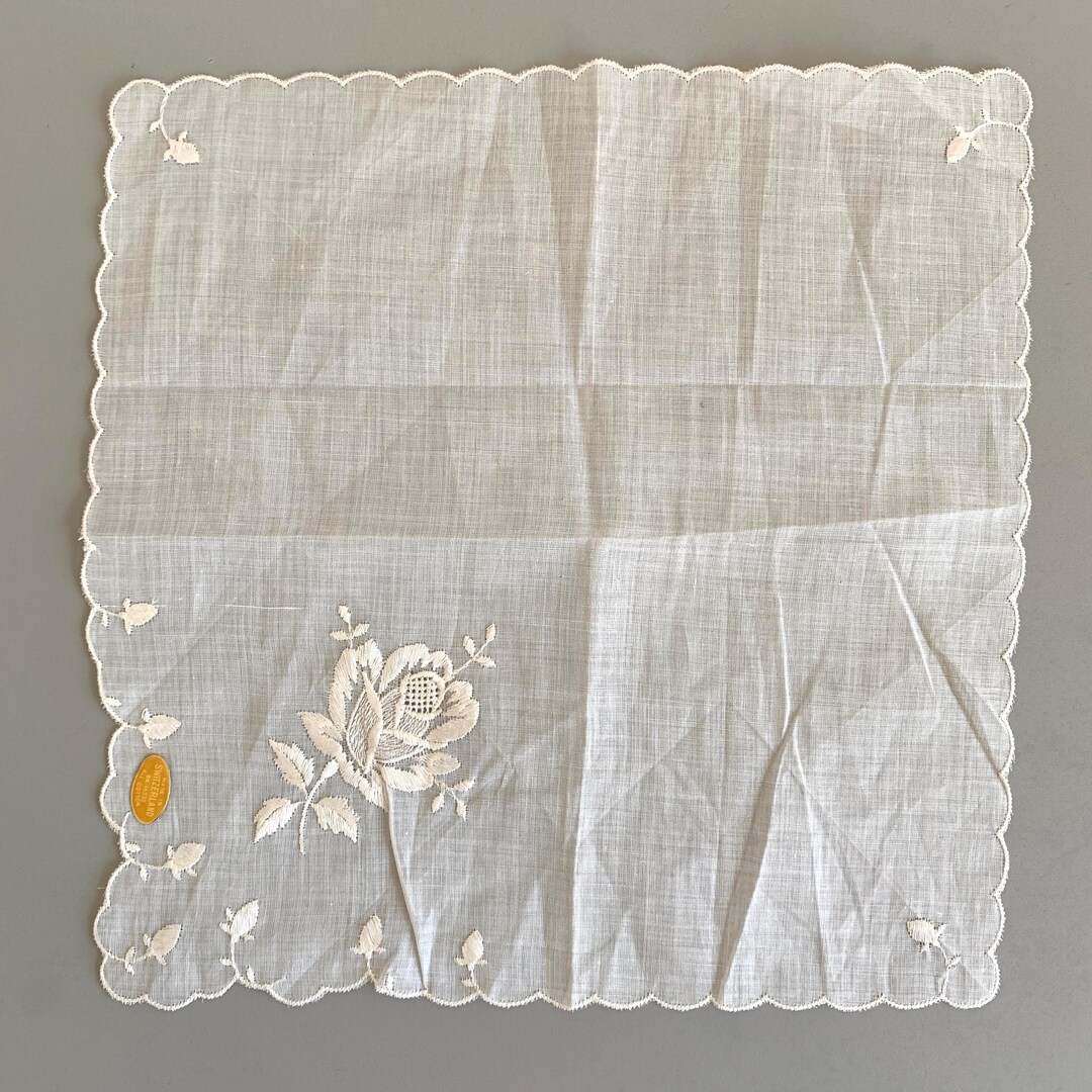 Handkerchief Vintage With Tag - Sheer White Embroidered Rose With ...