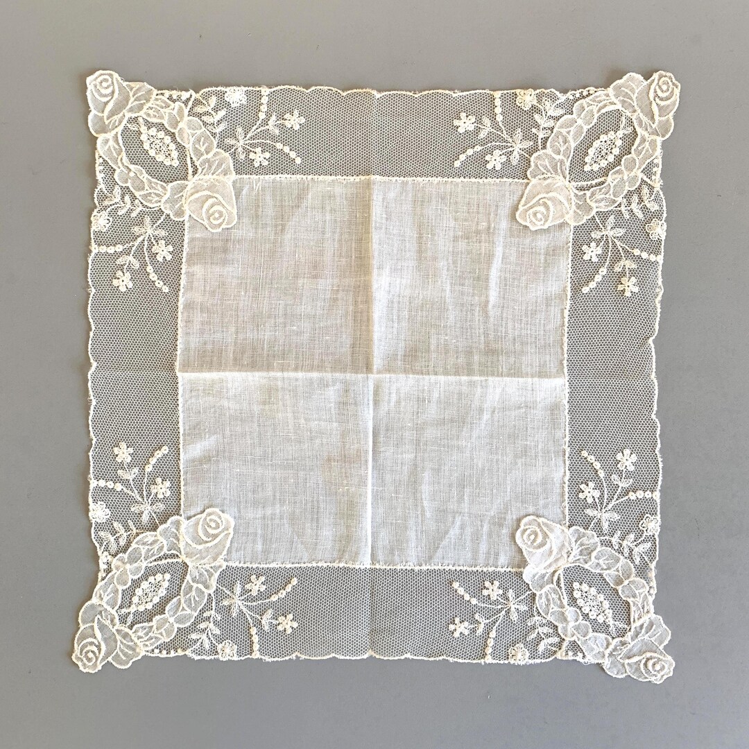 Handkerchief Vintage Sheer off White With Floral Lace and Rose Applique ...