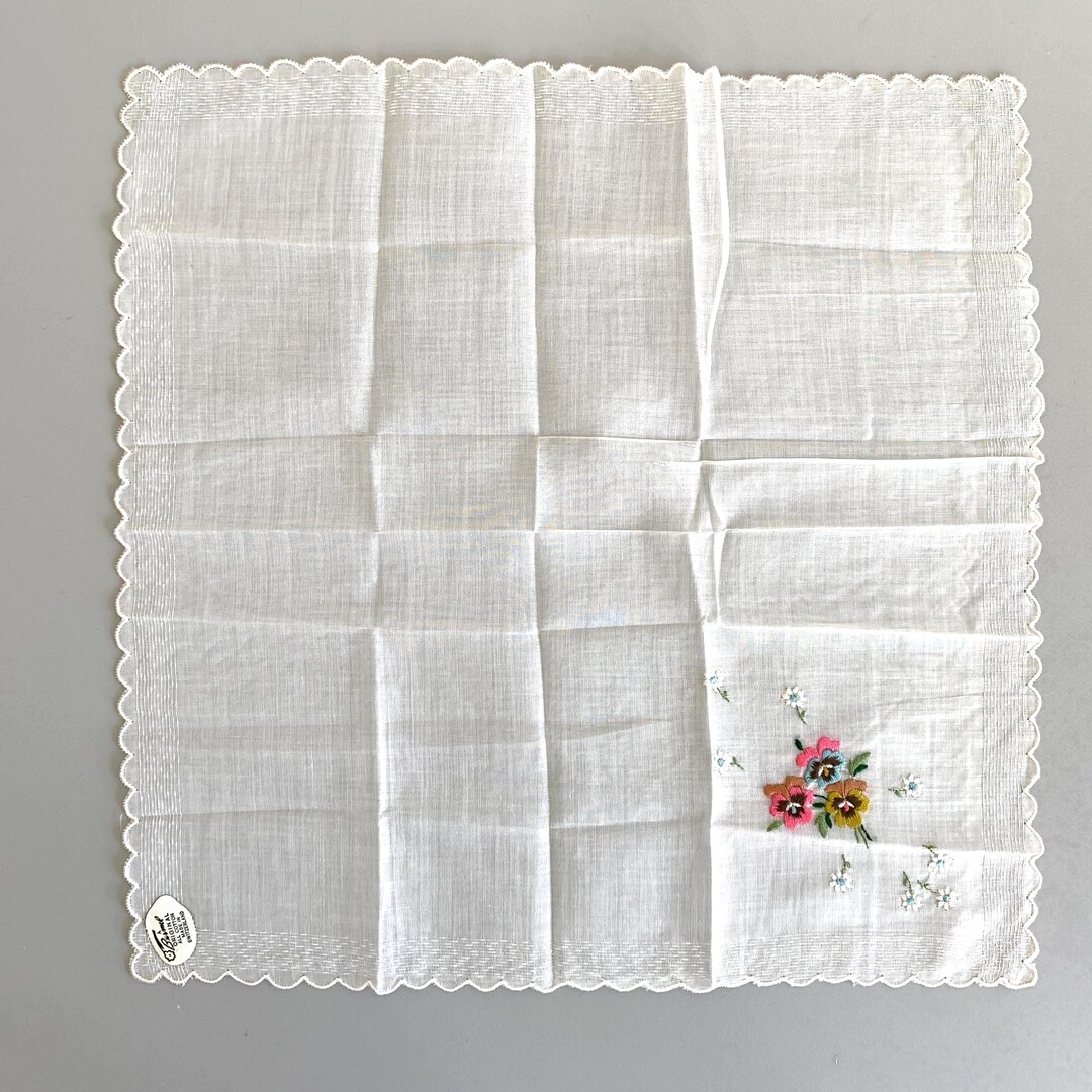 Handkerchief Vintage With Tag - Sheer White With Embroidered Bouquet of ...