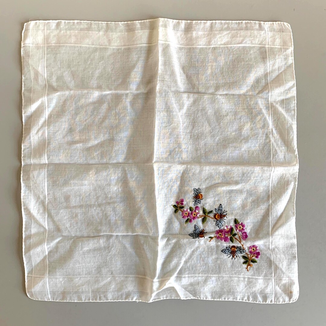 Handkerchief Vintage Sheer Embroidered Pink Flowers and Bees - Etsy