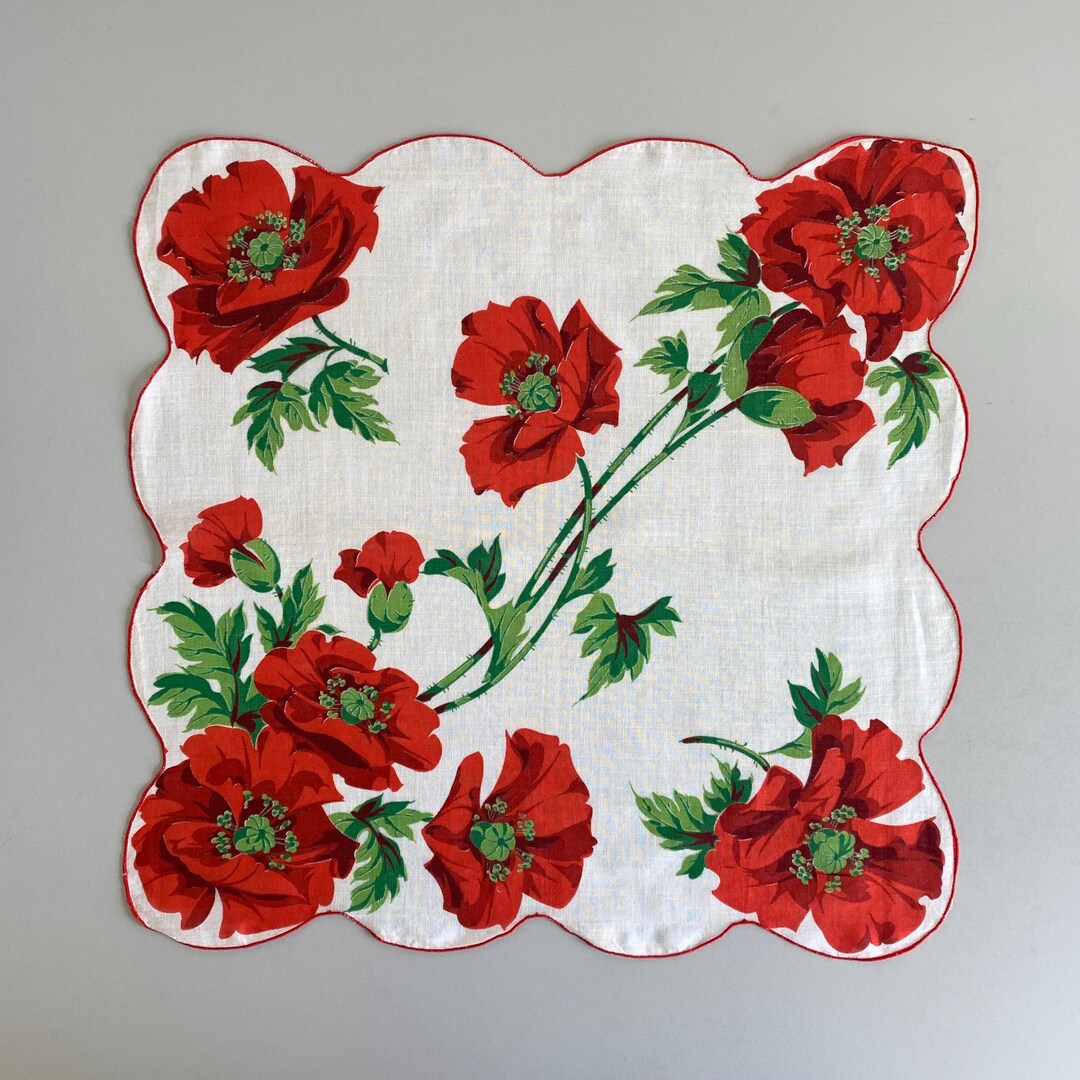 Handkerchief Vintage Sheer Red Poppies With Green Leaves and Scalloped ...