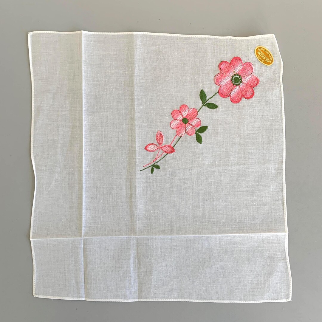 Handkerchief Vintage With Tag Sheer Pink Embroidered Flowers ...
