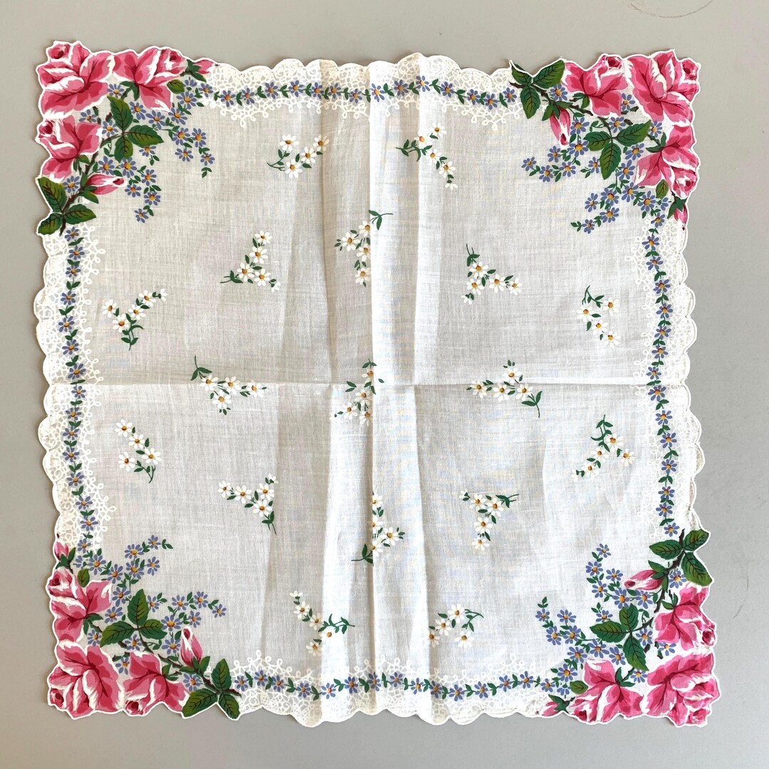 Handkerchief Vintage Sheer With Pink Roses Forget Me Nots and Daisies ...