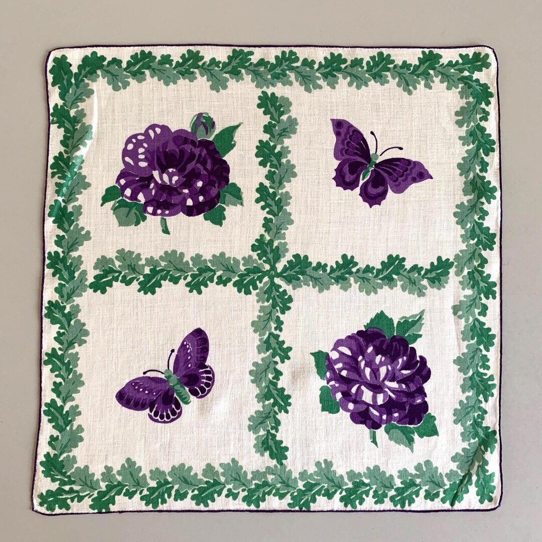 Handkerchief Vintage Sheer White Linen? With Purple Roses and ...
