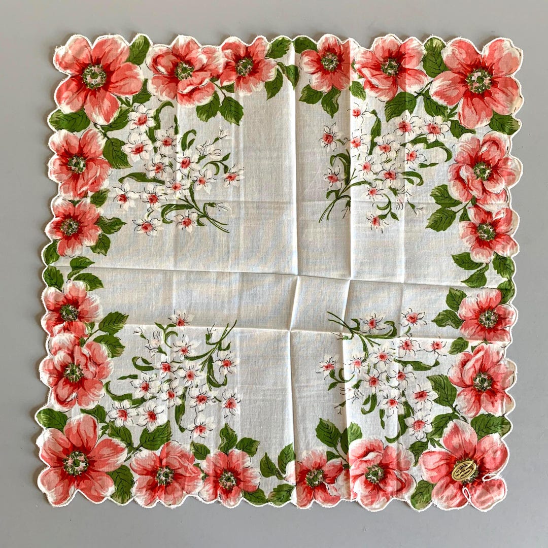 Handkerchief Vintage With Tag - Sheer Red/orange and White Flowers ...