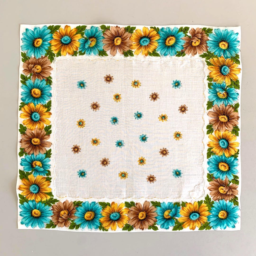 Handkerchief Vintage Sheer Turquoise Golden Yellow and Brown Flowers - Etsy