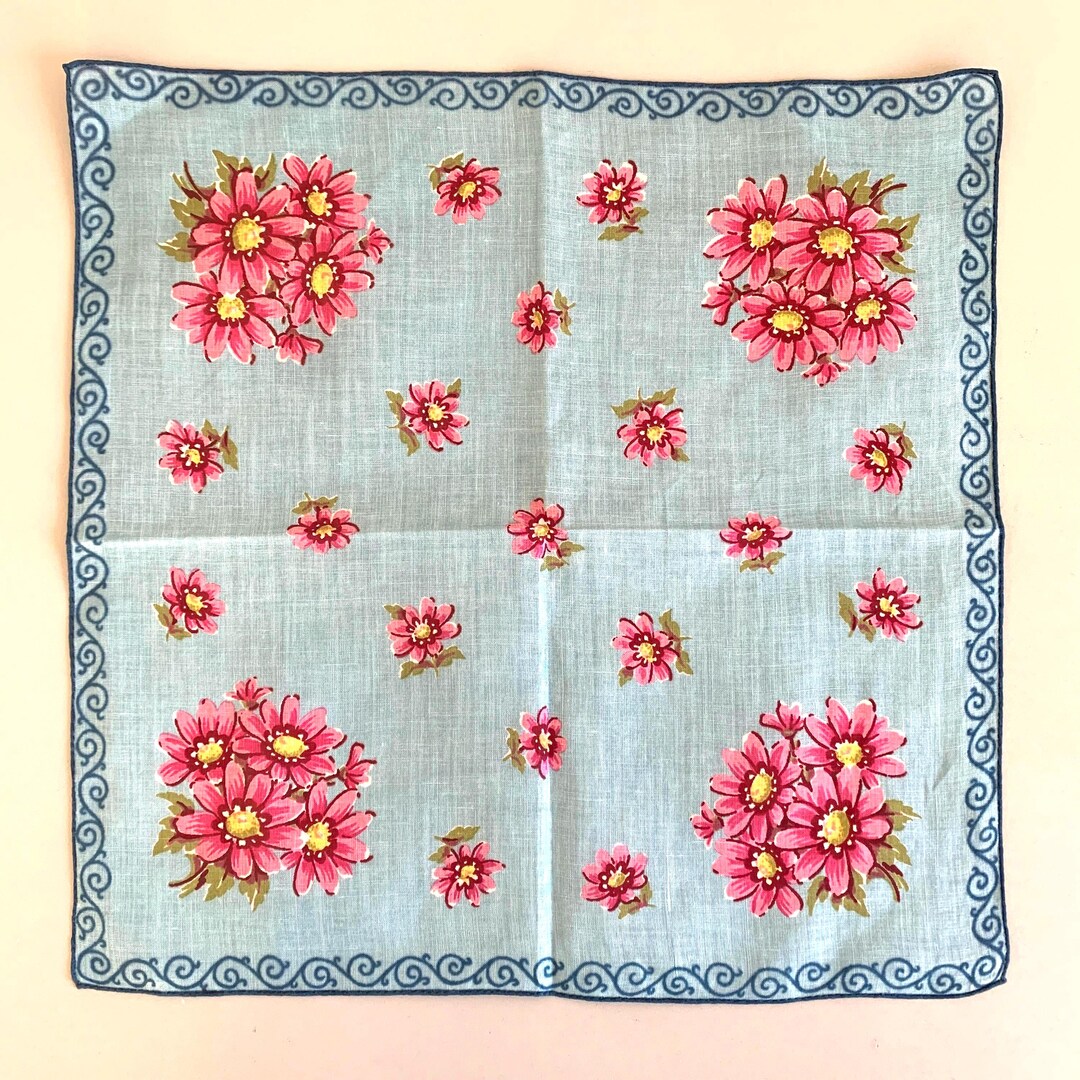 Handkerchief Vintage Sheer Blue With Pink Flowers - Etsy