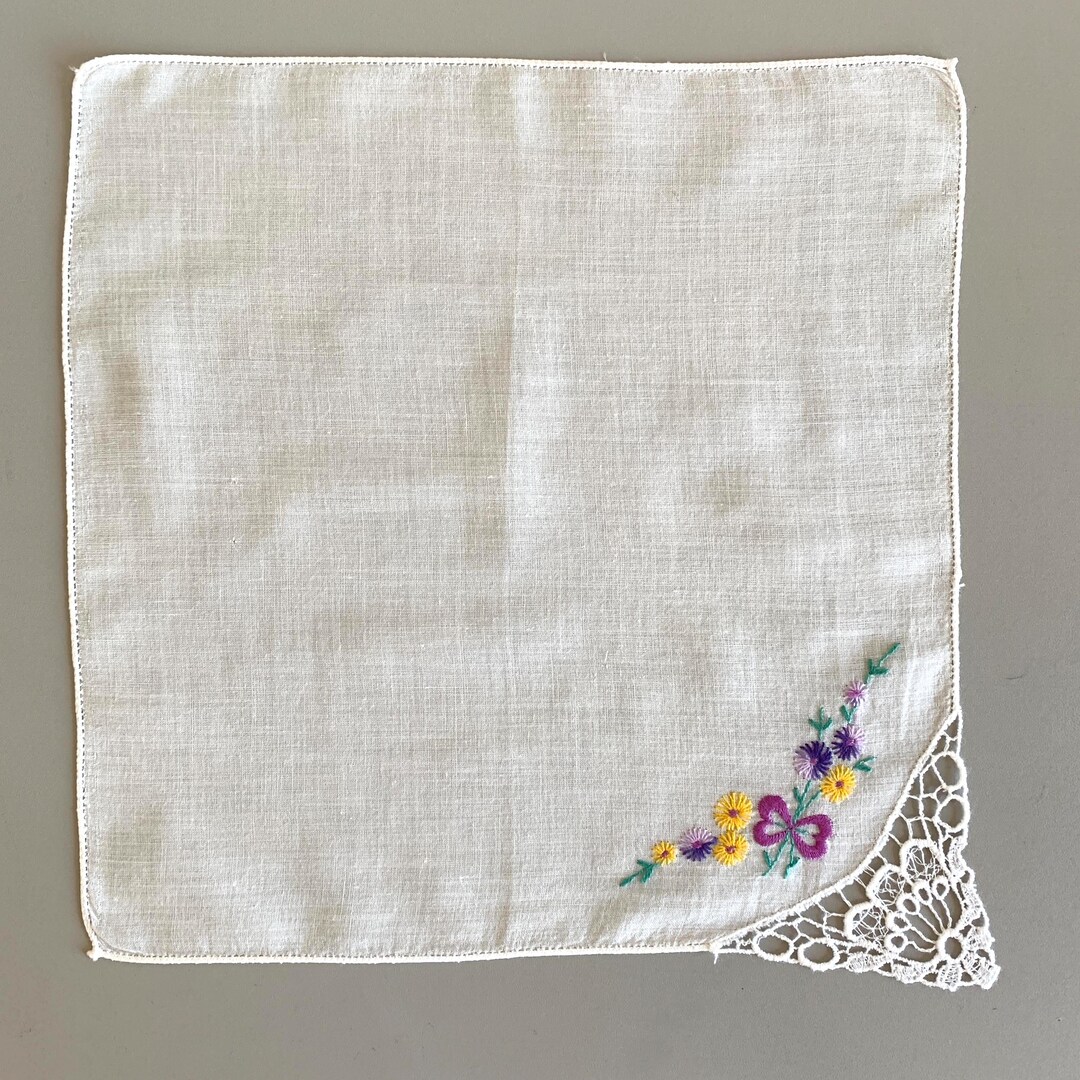 Handkerchief Vintage Sheer With Purple, Yellow Flowers and Lace Corner ...