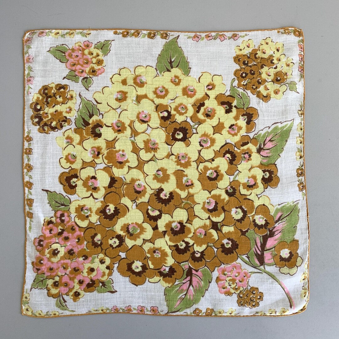 Handkerchief Vintage Sheer With Clusters of Yellow Brown Pink Flowers ...