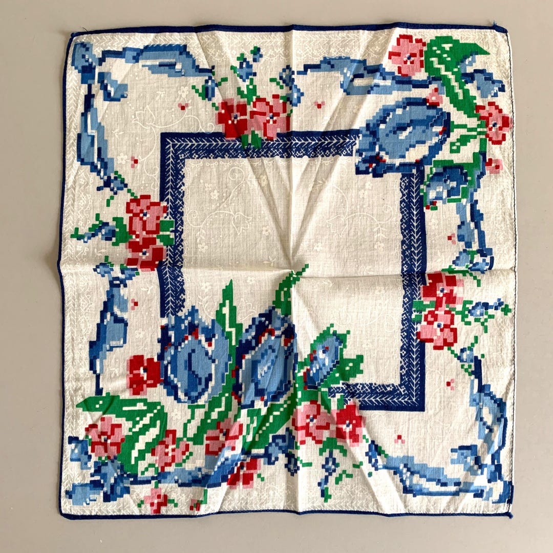 Handkerchief Vintage Sheer With Blue Tulips and Red Flowers Needlepoint ...