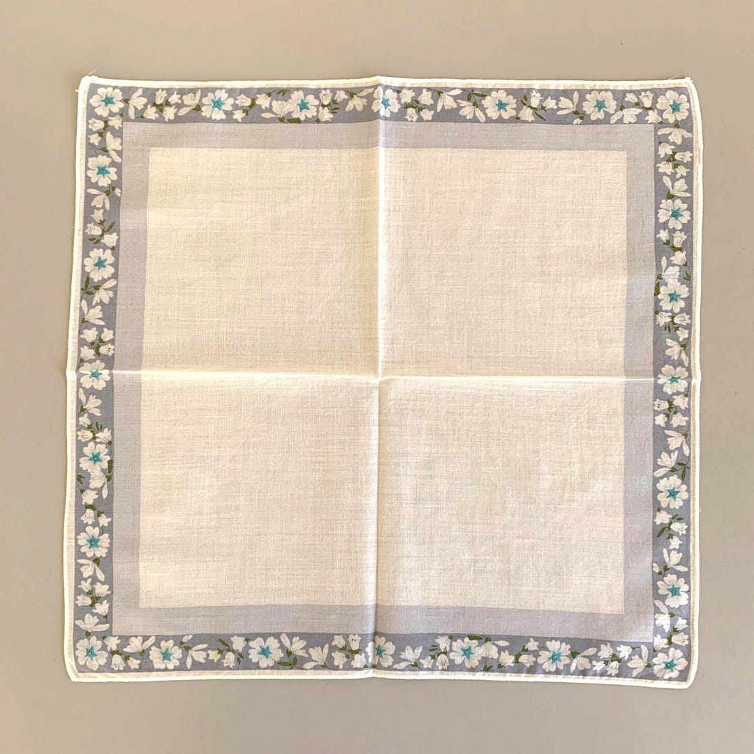 Handkerchief Vintage Sheer With White and Bright Blue Flowers and Blue ...