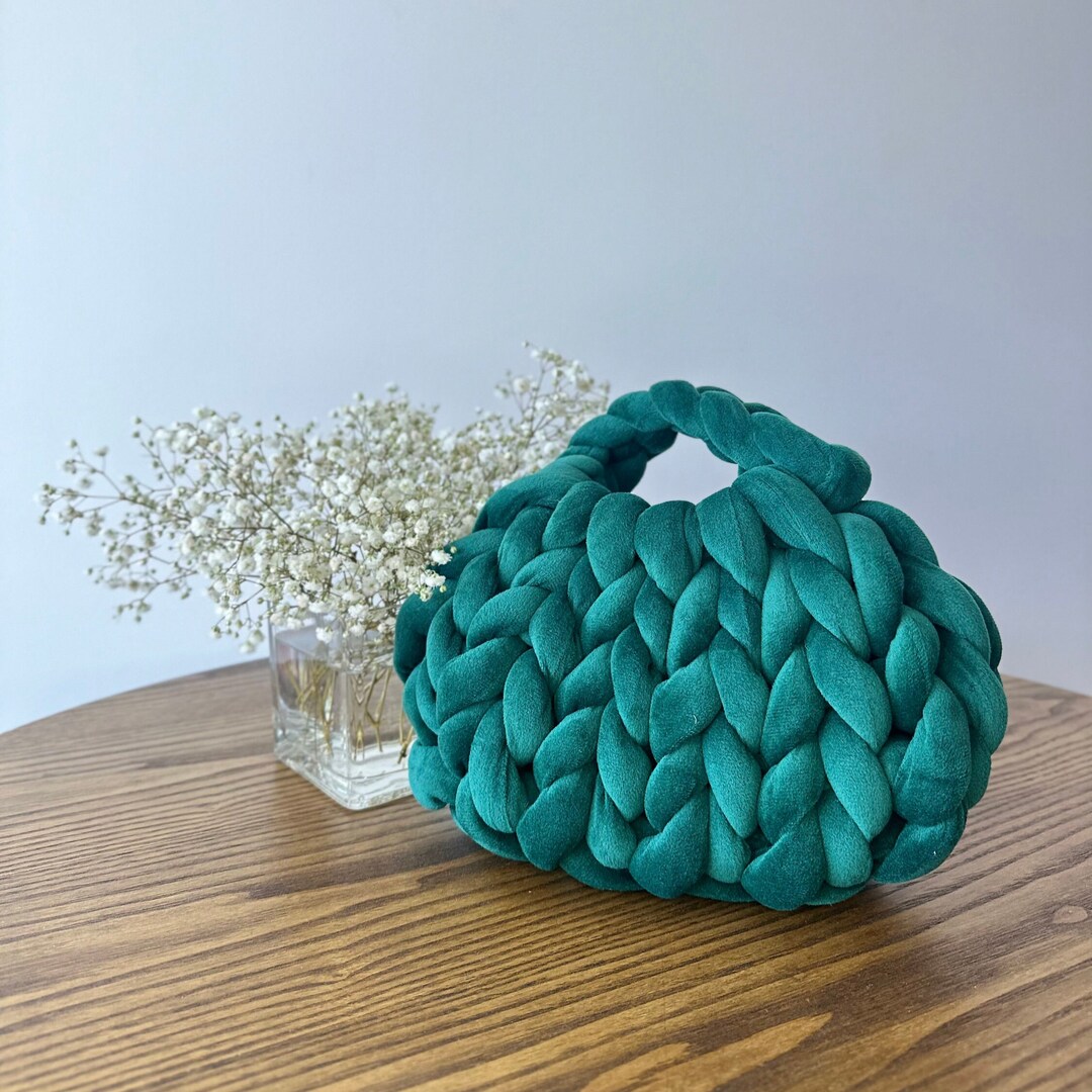 Homemade EMERALD GREEN Chunky Yarn Bag, Hand Knit Mini Tote, Cozy ...
