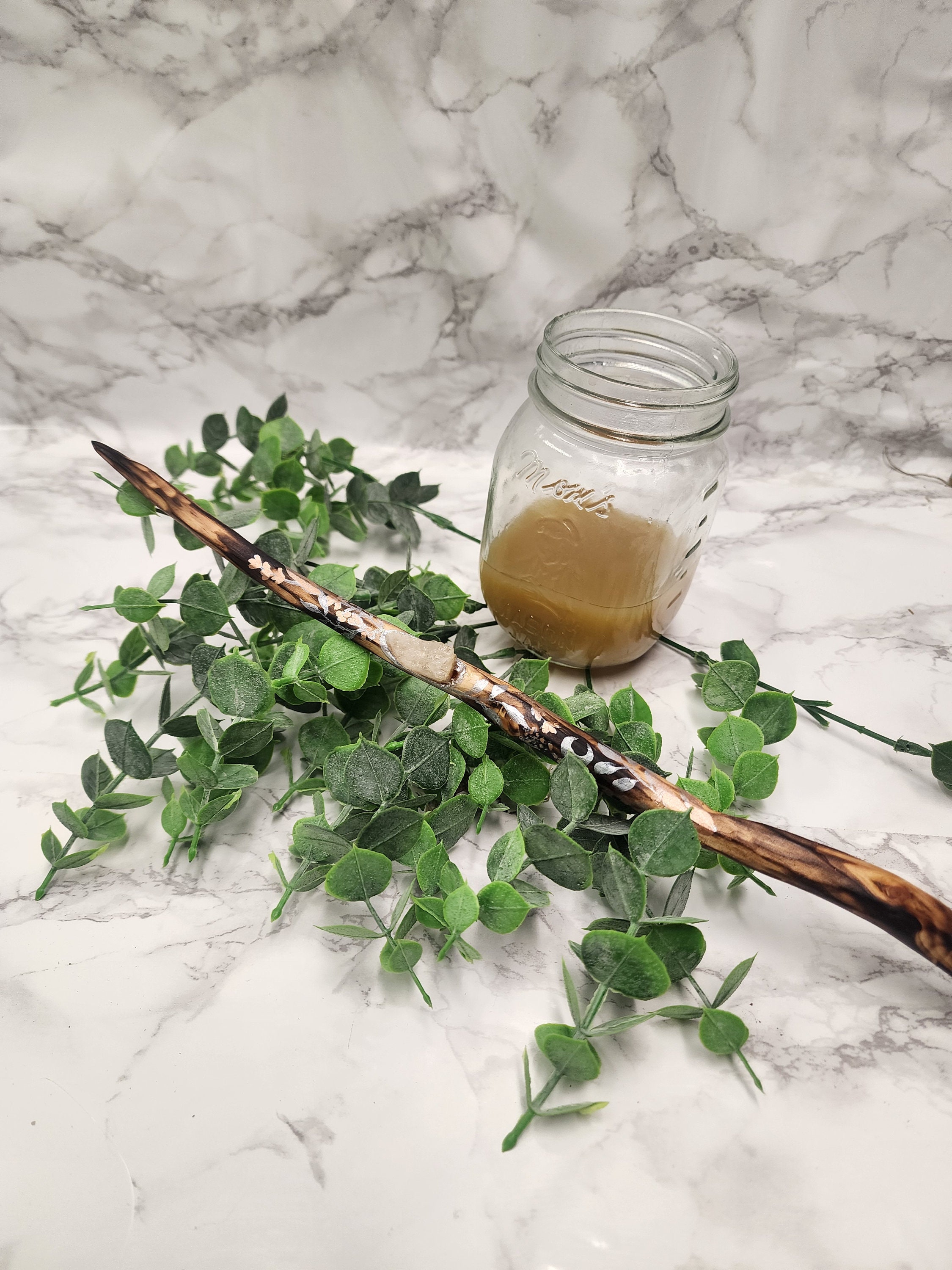 Natural Fire Etched Wood Wand With Raw Quartz Crystal - Handcarved Wood ...