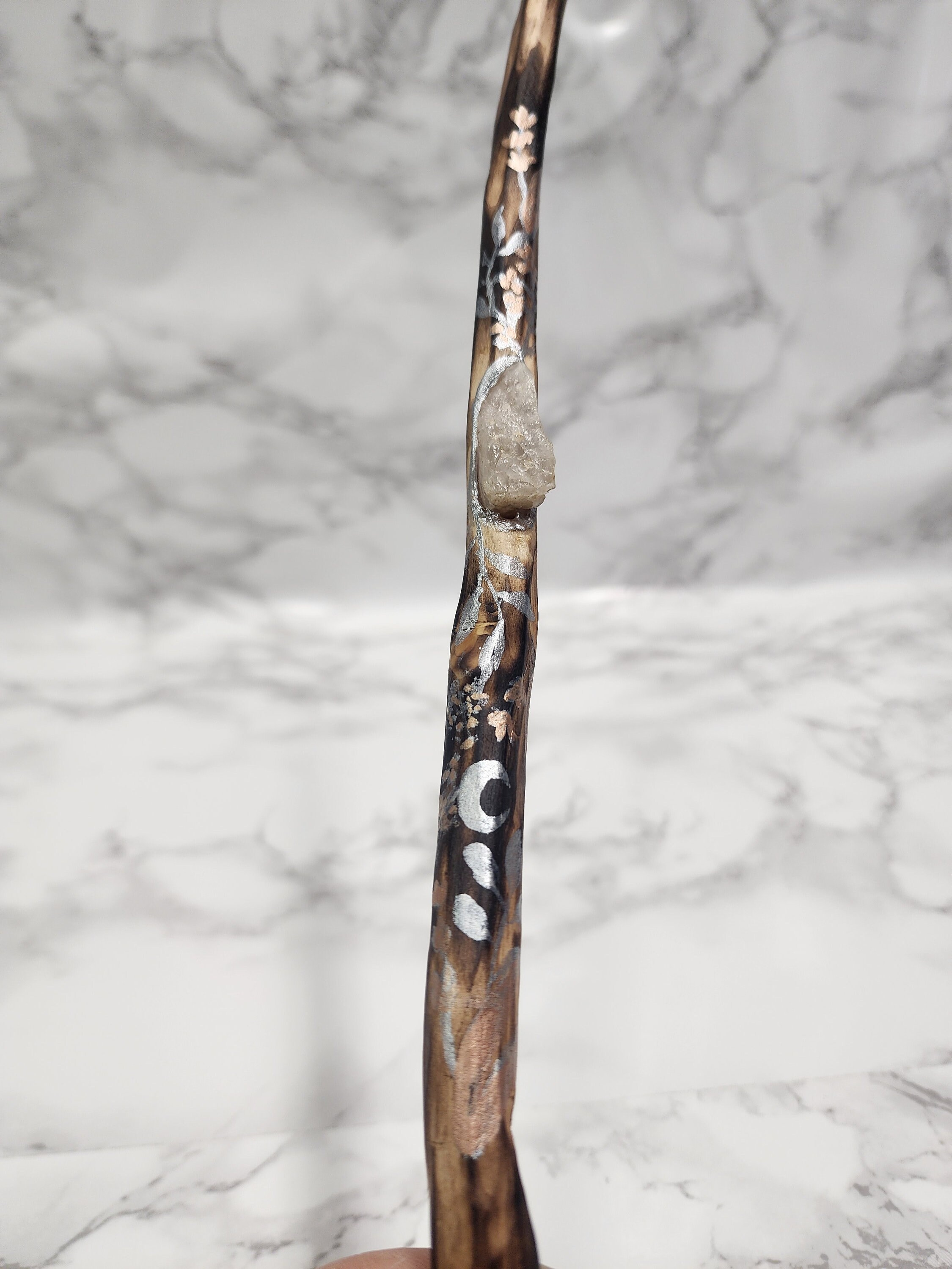 Natural Fire Etched Wood Wand With Raw Quartz Crystal - Handcarved Wood ...