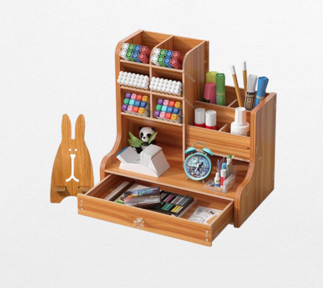 Wooden Desk Organiser With Drawer, Pen Holder, Large Capacity ...