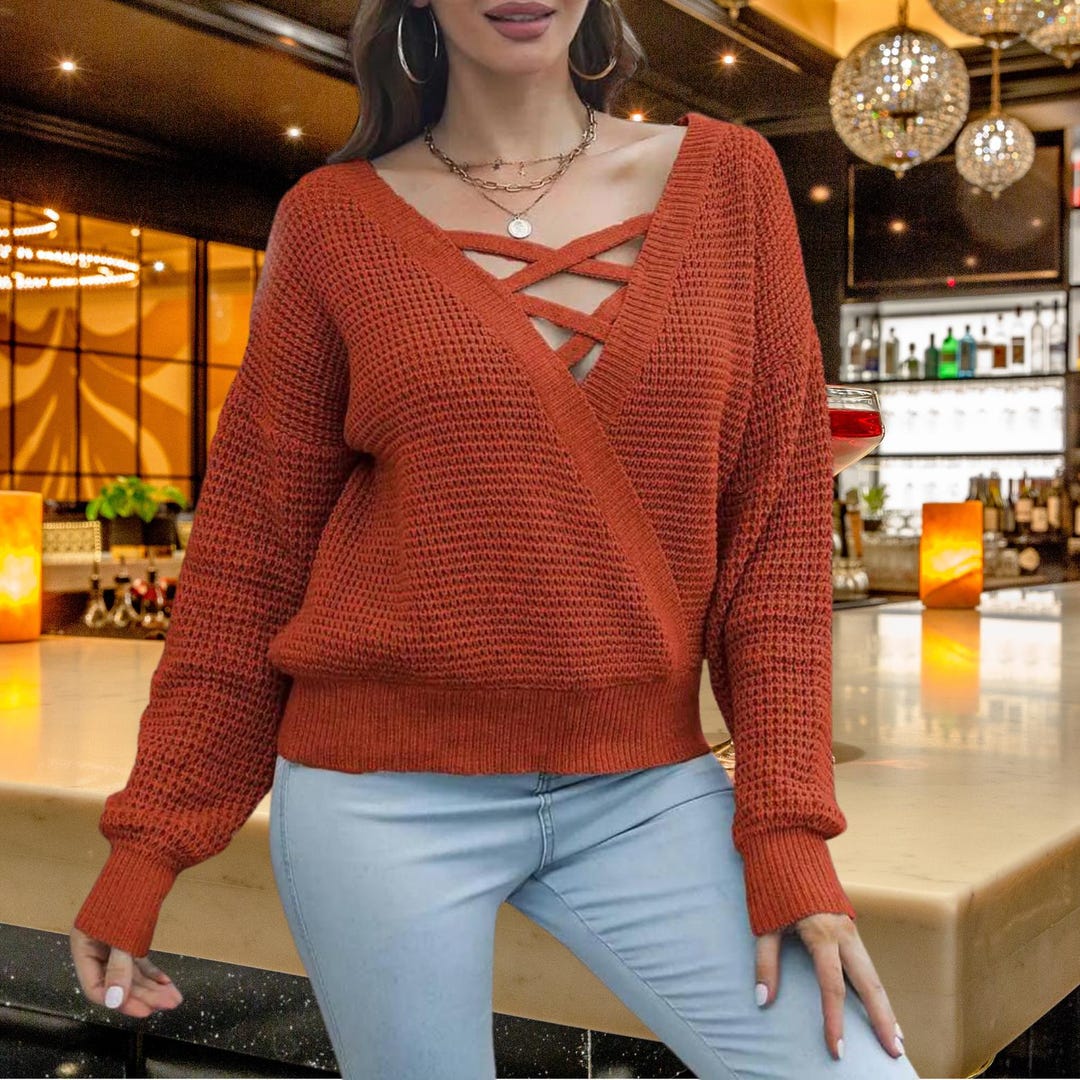 Women's REVERSIBLE Criss Cross V Back Sweaters Long Sleeve Knitted ...