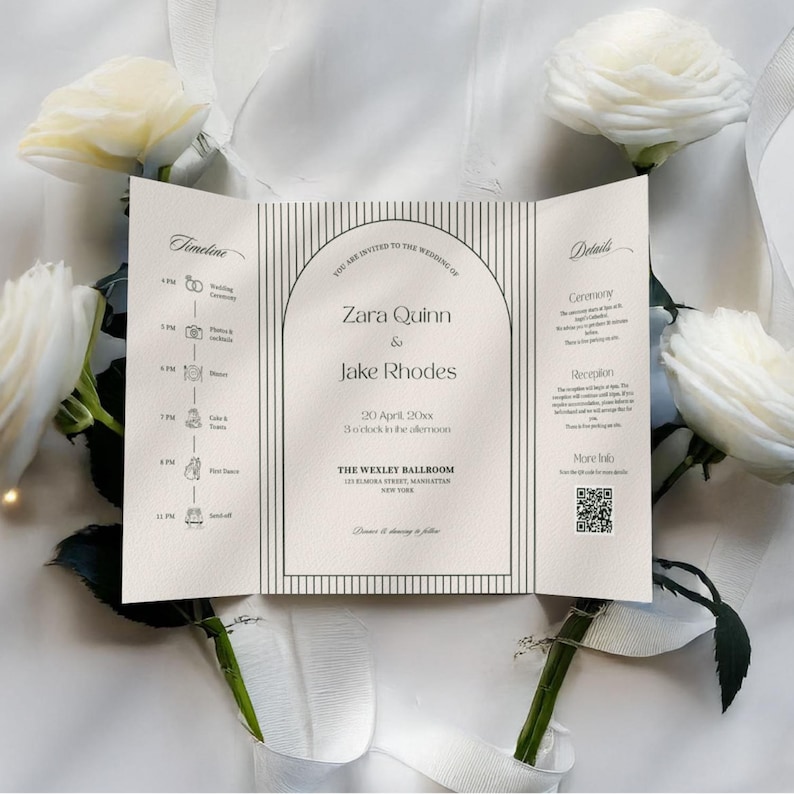 Chic Ivory Dark Green Gatefold Wedding Invite, Modern Illustrate ...