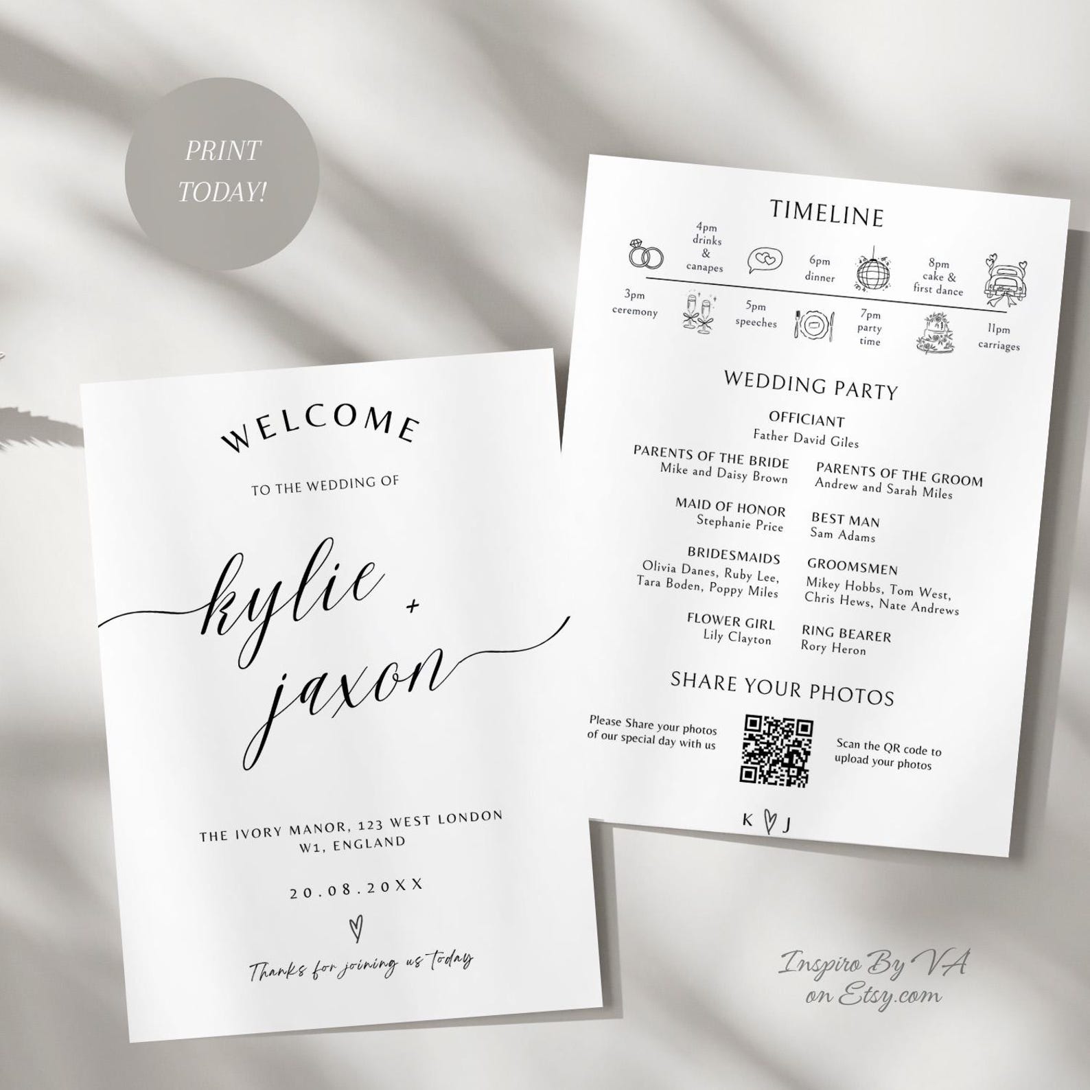 Modern Wedding Program Fan Template: DIY Ceremony Timeline, Minimal ...