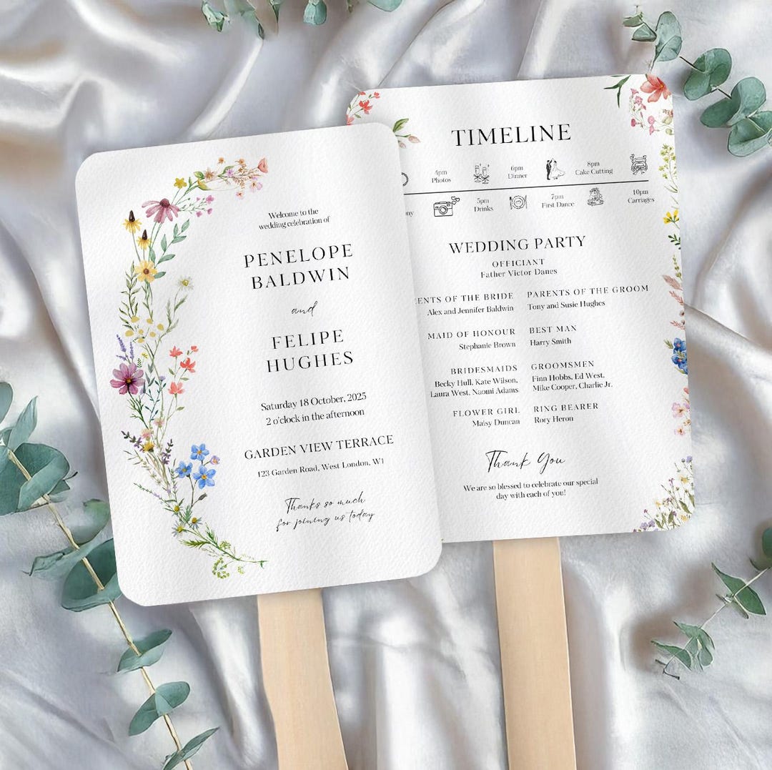 Wedding Program Fans Wildflower Design, Floral Ceremony Program ...