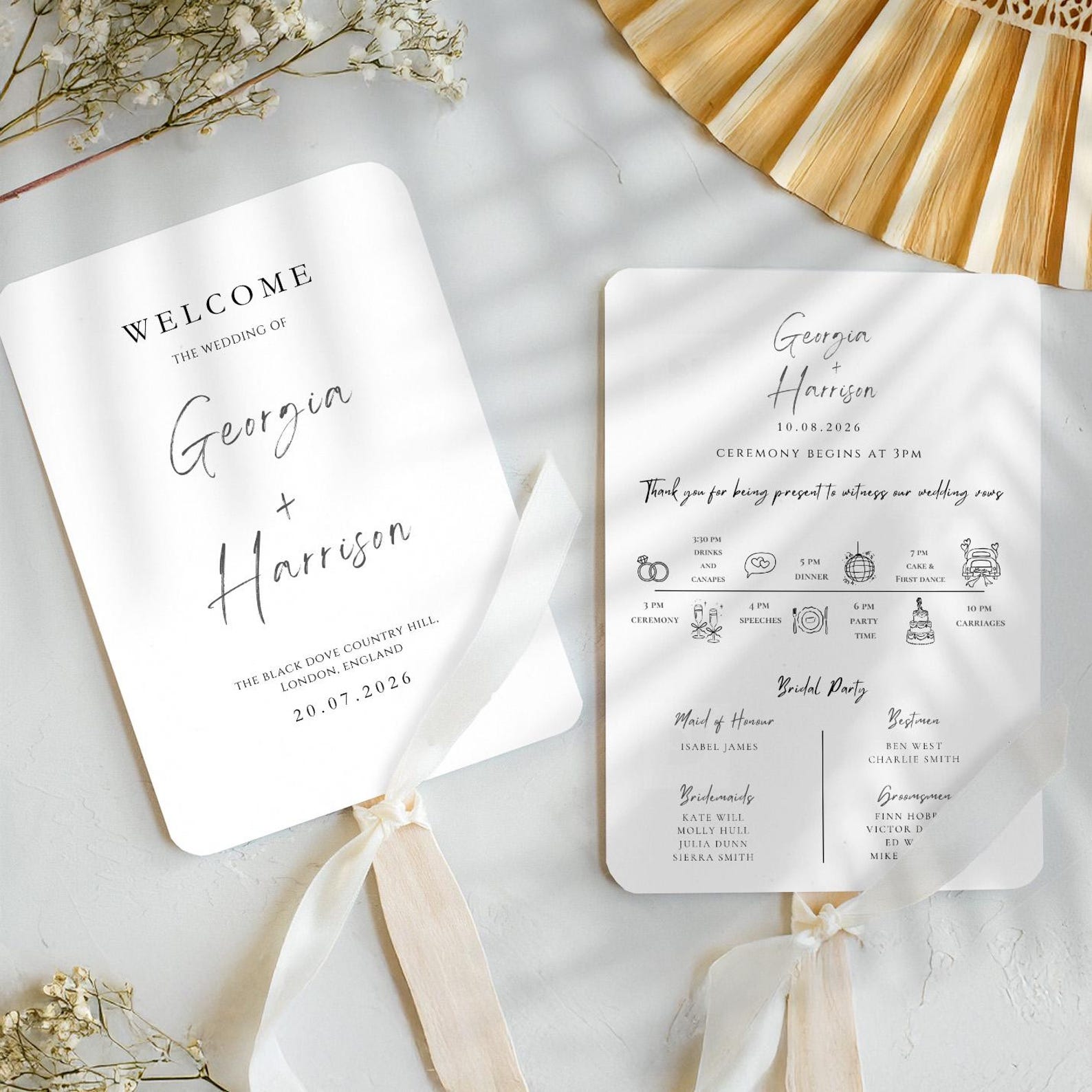 Modern Wedding Program Fans, Editable in Canva, Wedding Timeline ...