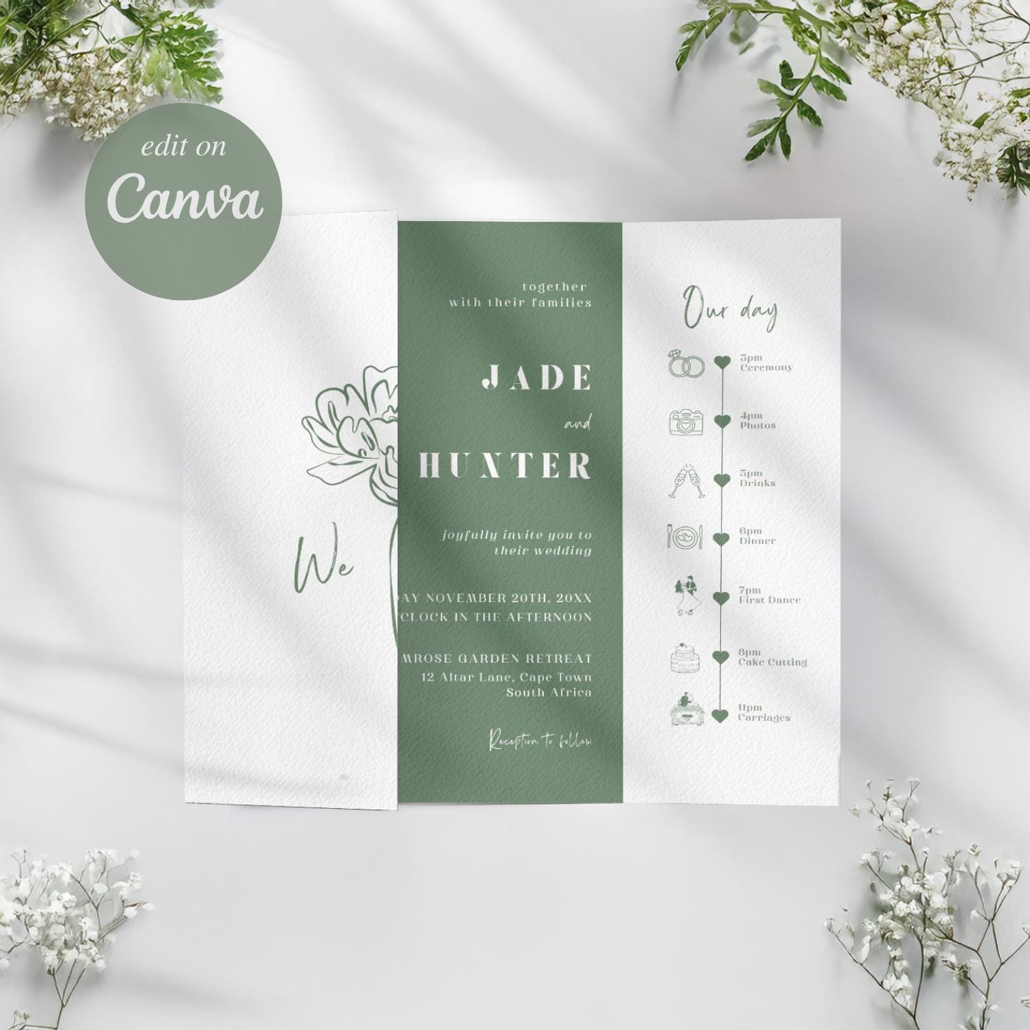 Elegant Hand Drawn Flower Gatefold Wedding Invitation, Folding Invite ...