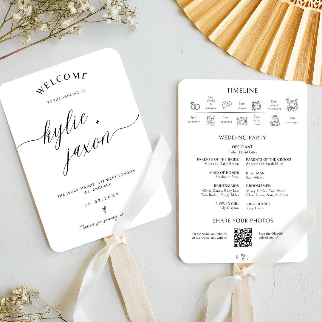 Modern Wedding Program Fan Template: DIY Ceremony Timeline, Minimal ...