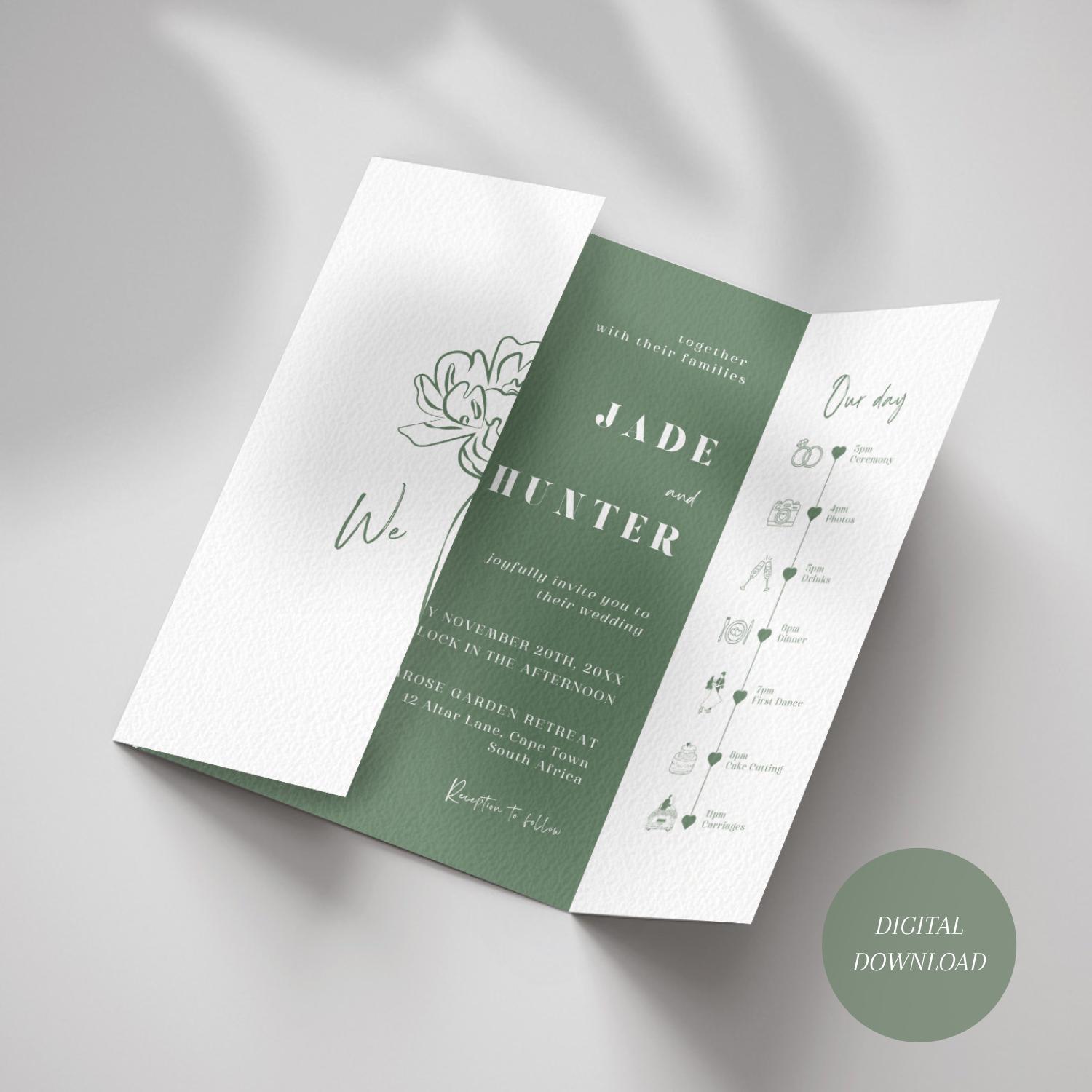 Elegant Hand Drawn Flower Gatefold Wedding Invitation, Folding Invite ...