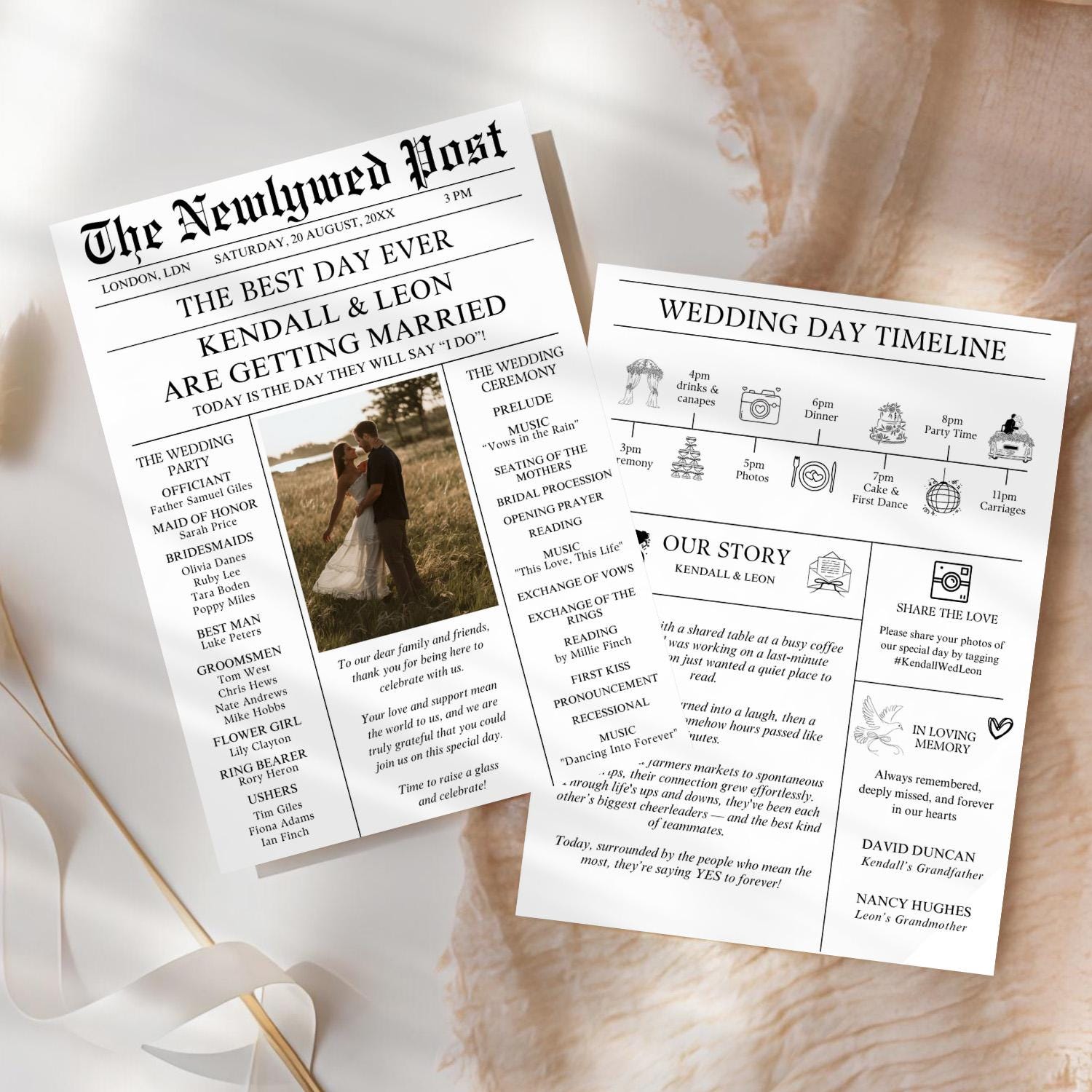 Modern Newspaper Wedding Programme Fan, Printable Wedding Timeline Fans ...