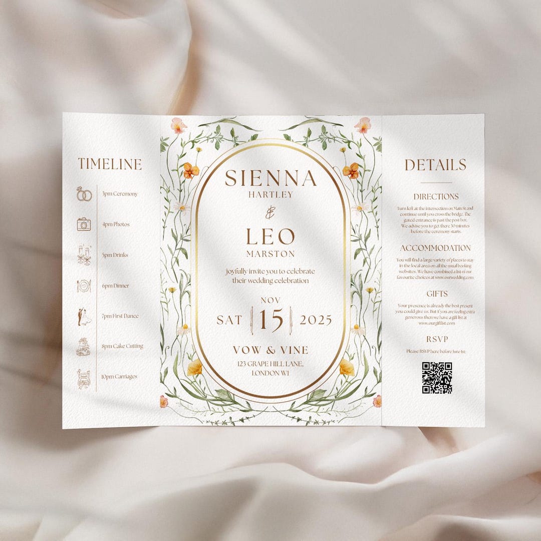 Elegant Floral Folding Wedding Invitation, Trifold Wildflower Gatefold ...