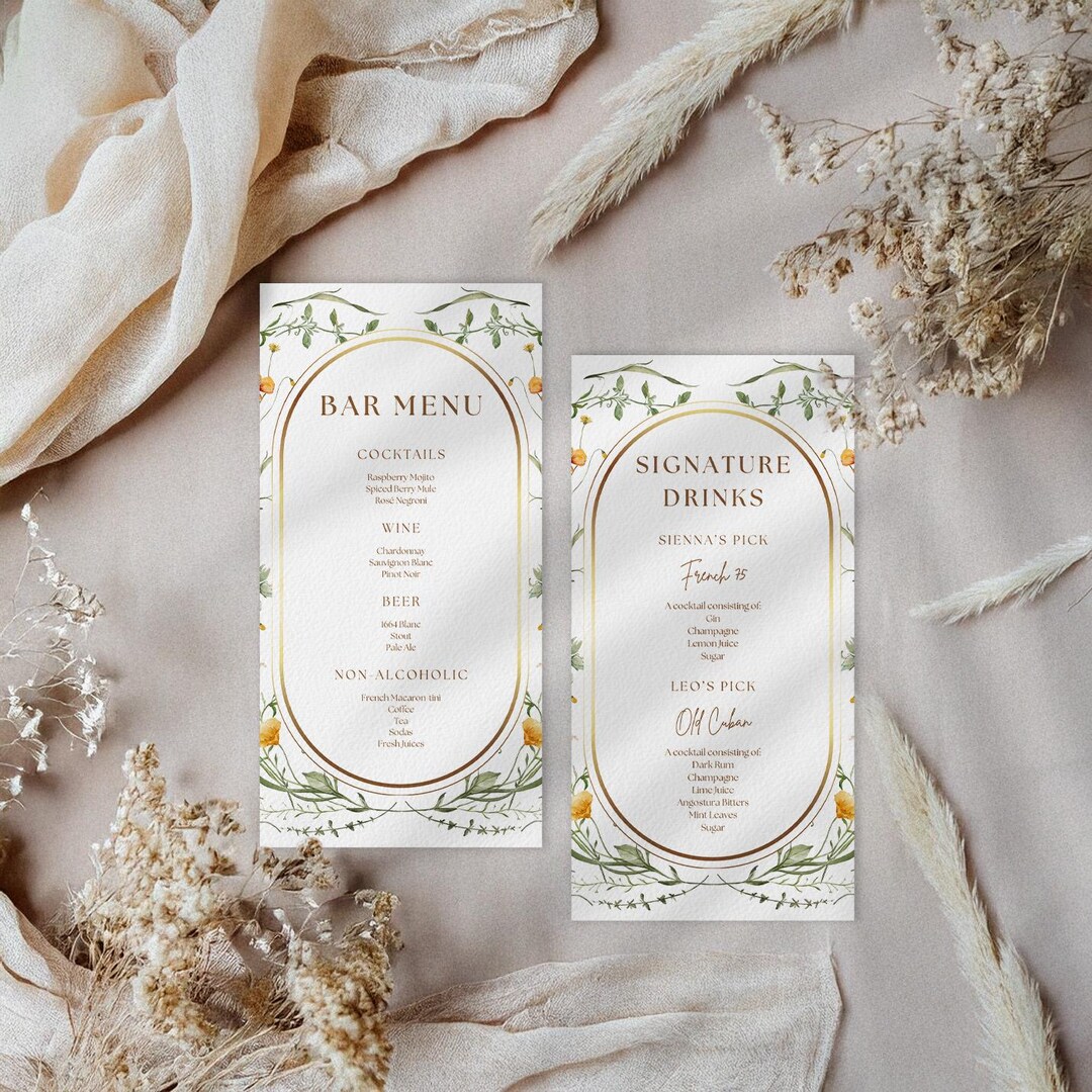 Elegant Floral Bar Menu and Signature Drinks Card Template, Wedding ...