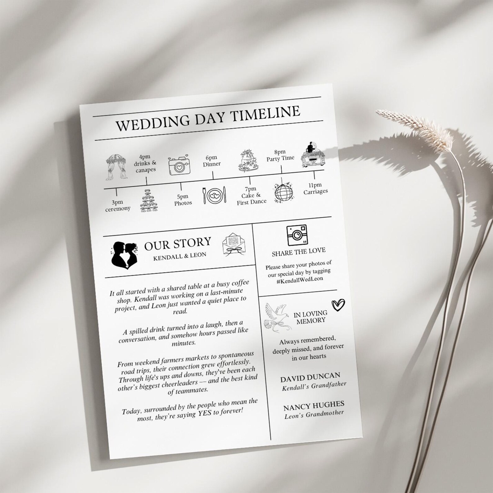 Modern Newspaper Wedding Programme Fan, Printable Wedding Timeline Fans ...