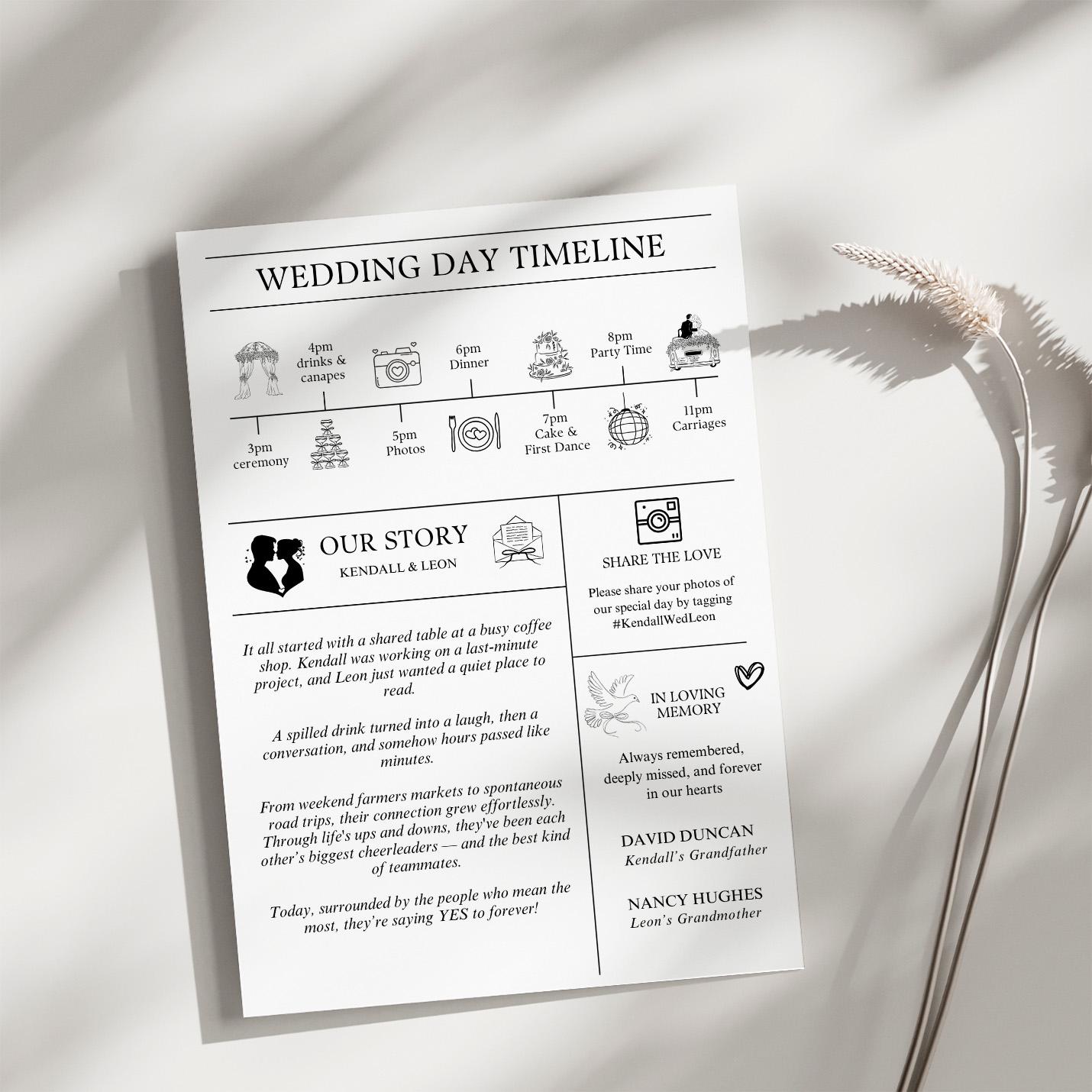 Modern Newspaper Wedding Programme Fan, Printable Wedding Timeline Fans ...