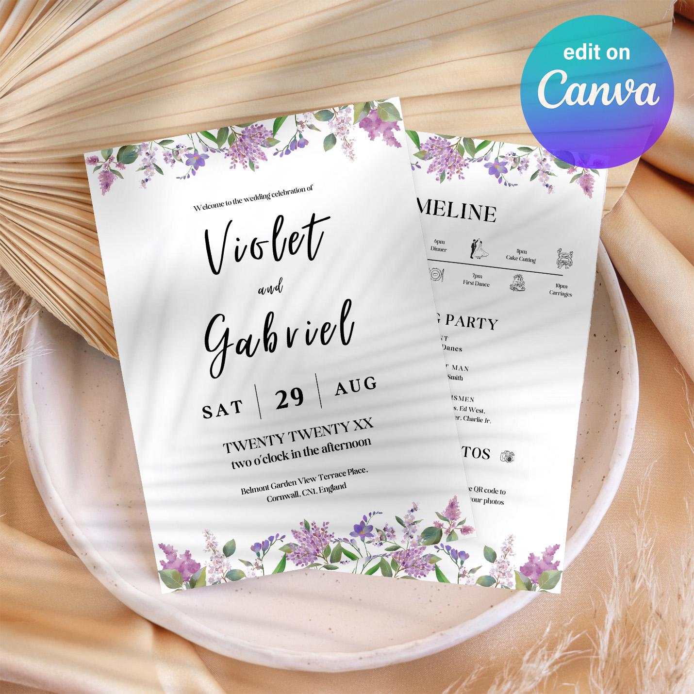 Floral Wedding Program Fans, Purple Flowers Ceremony Program Template ...