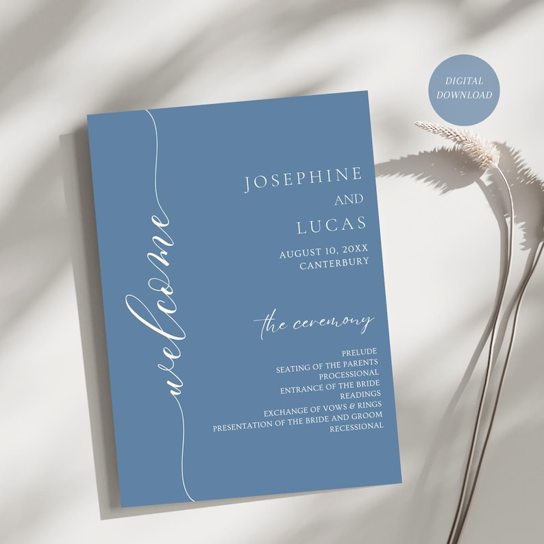 Dusty Blue Modern Wedding Program Fans Template, Wedding Ceremony ...