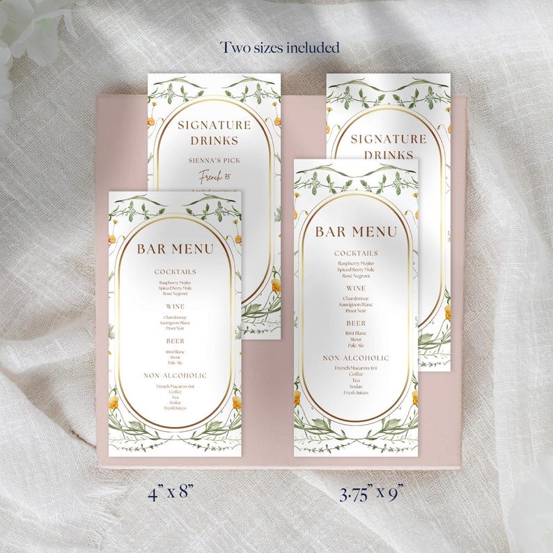 Elegant Floral Bar Menu and Signature Drinks Card Template, Wedding ...