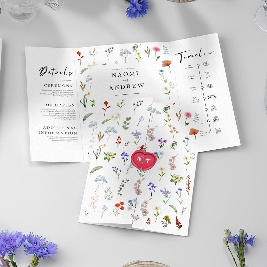 Gatefold Wedding Invite Template, Floral Design, Digital Canva Template ...