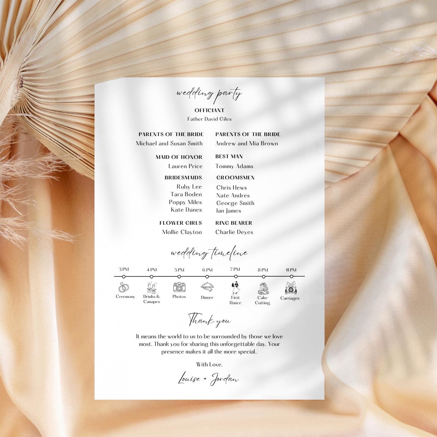 Aesthetic Wedding Program Fans, Modern Ceremony Wedding Timeline Canva ...