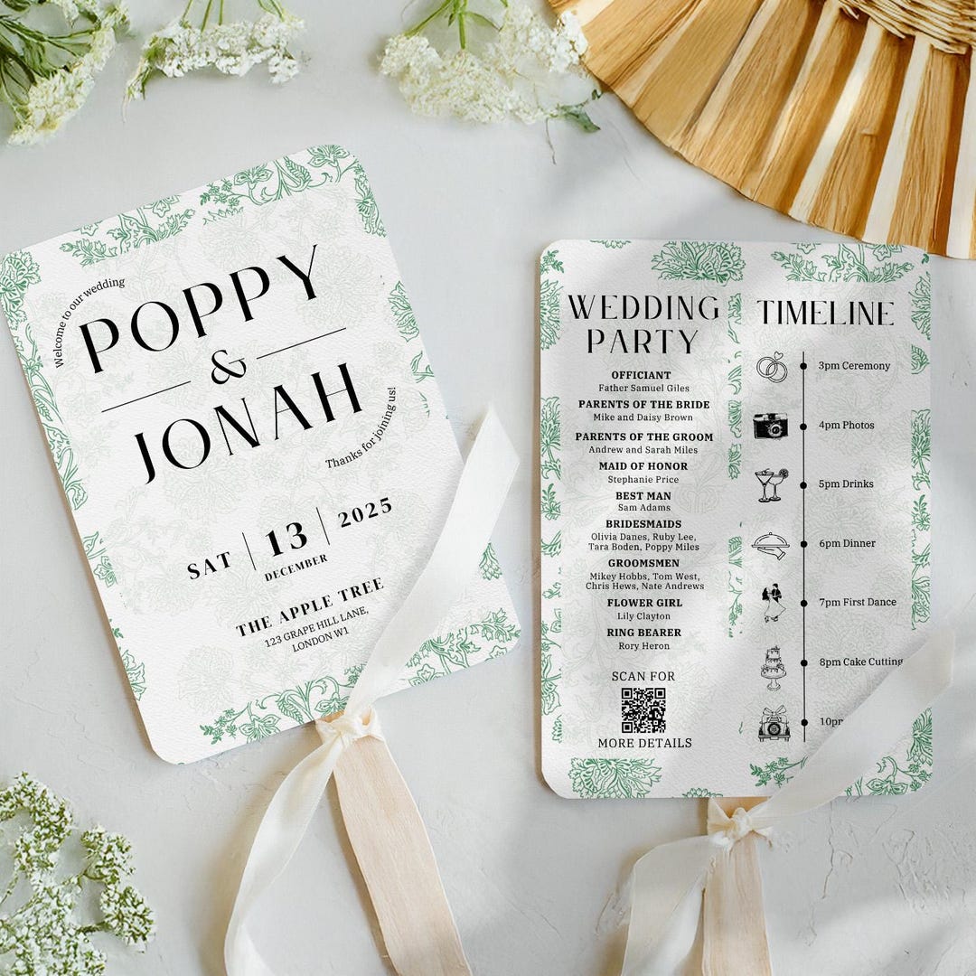 Green Paisley Wedding Fans Template, Editable in Canva, Wedding Program Itinerary Fan, Programme ...