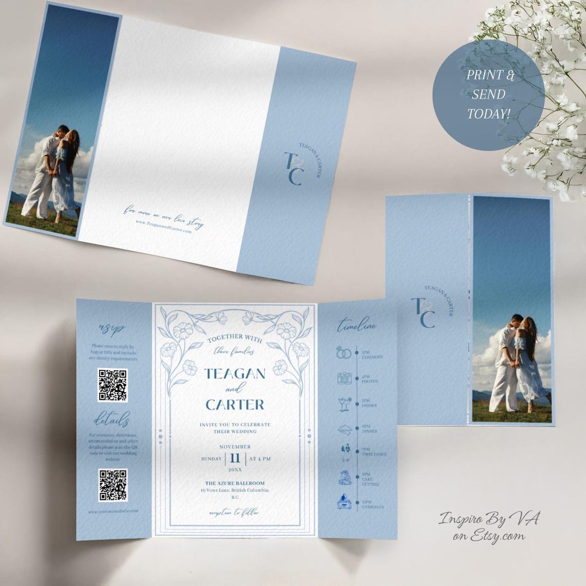 Elegant Azure Blue Gatefold Photo Wedding Invitation, Folding Canva ...
