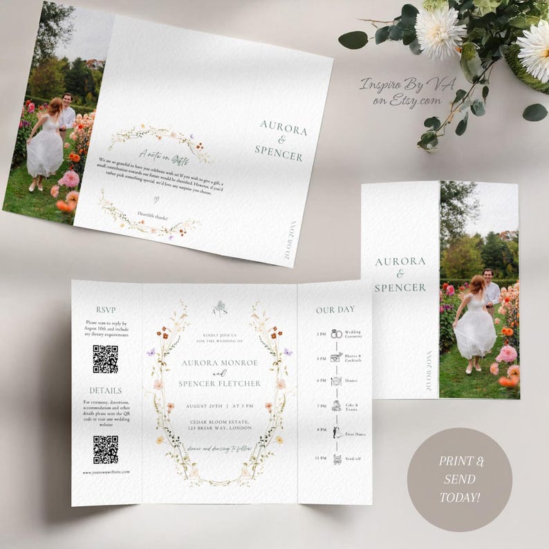 Wildflower Floral Wreath Gatefold Wedding Invitation, Elegant Rustic ...