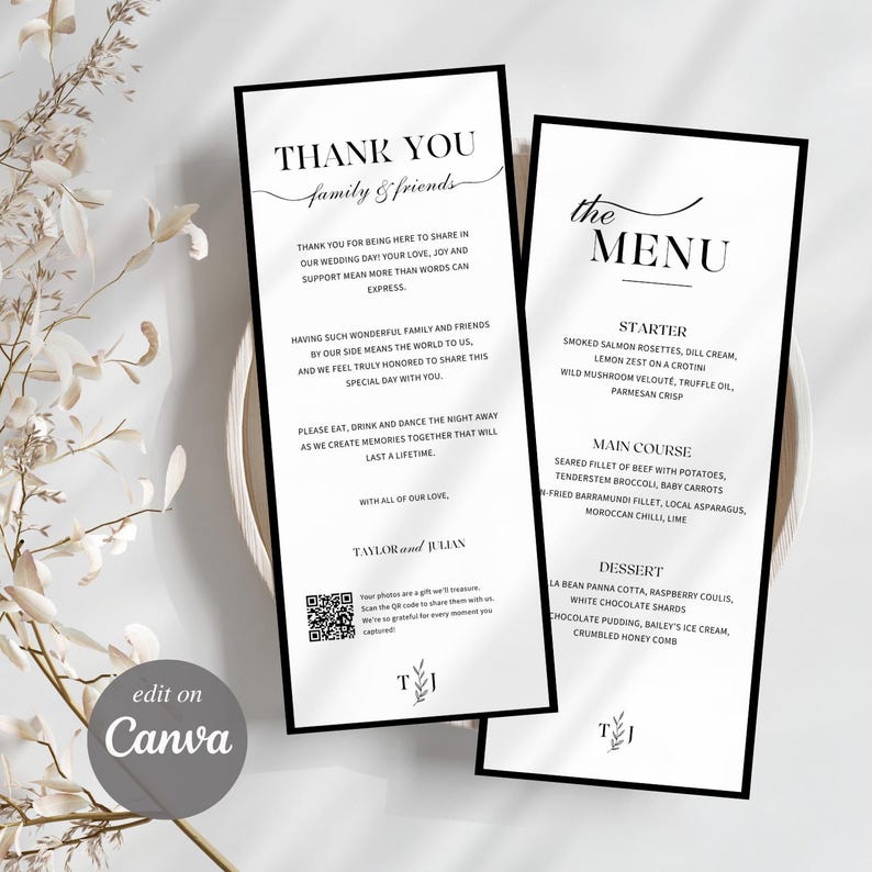 Wedding Menu Thank You Note Template, Modern, Elegant Menu Thank You ...