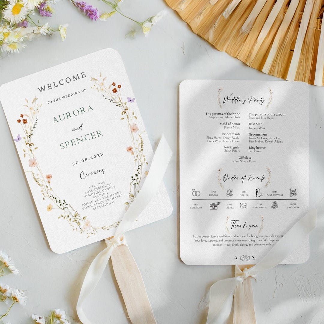 Floral Wreath Wedding Programme Fan, Elegant Wildflower Ceremony ...