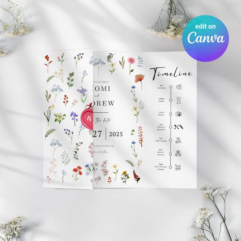 Gatefold Wedding Invite Template, Floral Design, Digital Canva Template ...