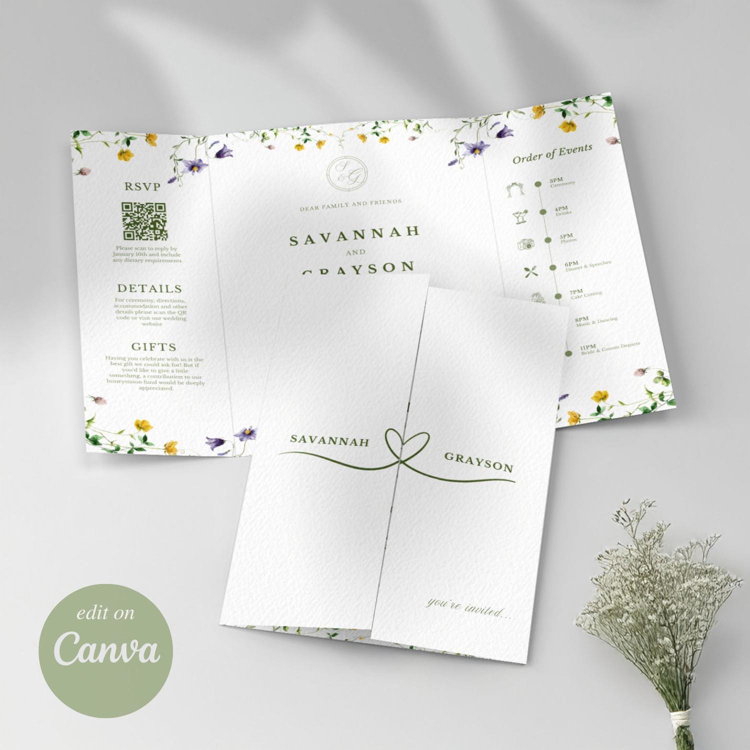 Modern Wildflower Gatefold Wedding Invitation, Trifold Sage Green ...